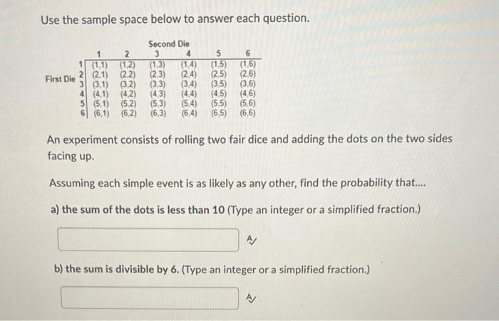Solved Use the sample space below to answer each question. | Chegg.com