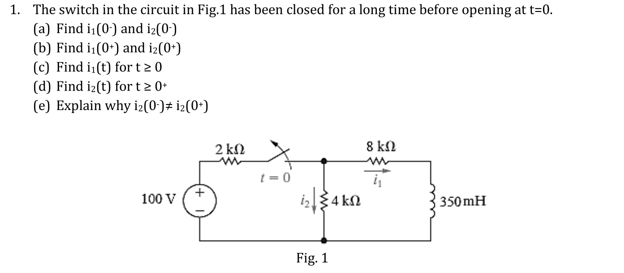 Solved The switch in the circuit in Fig. 1 ﻿has been closed | Chegg.com