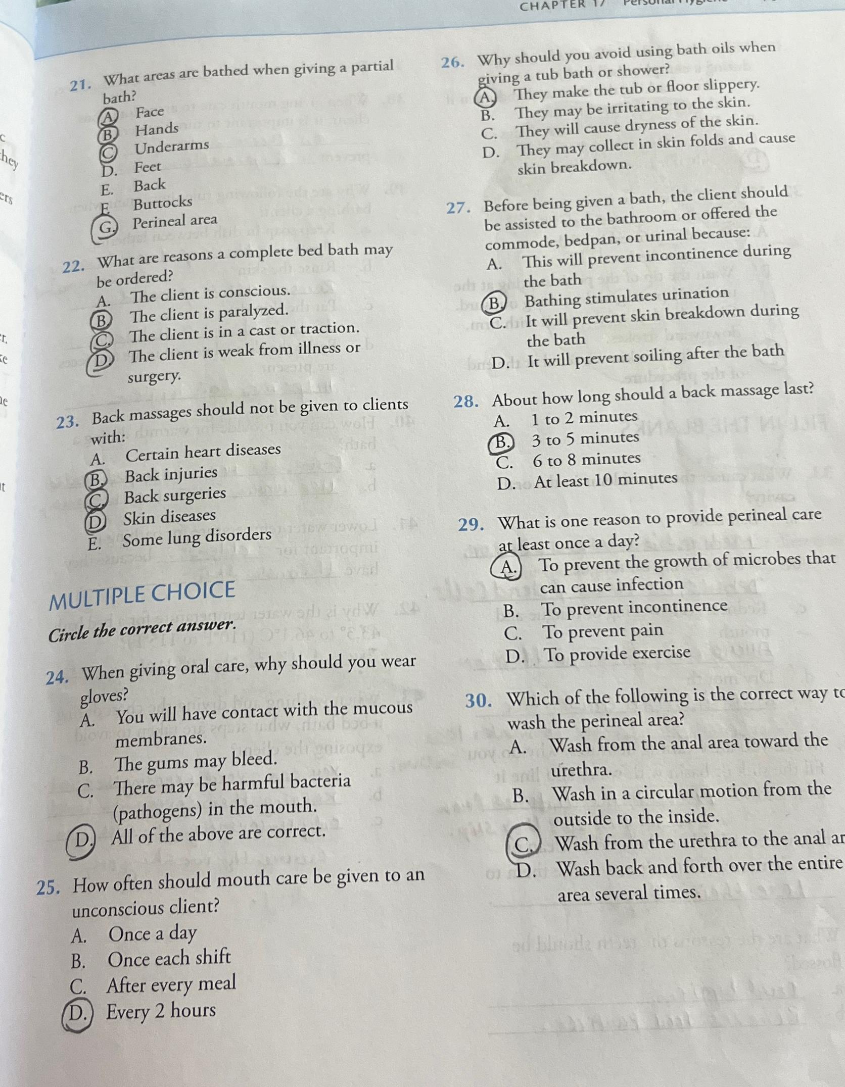Solved What areas are bathed when giving a partial bath?(A) | Chegg.com