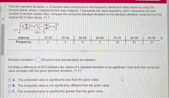 Solved Find the standard deviation, s, of sample data | Chegg.com
