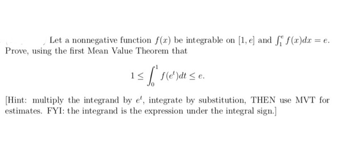 Solved Let a nonnegative function f(c) be integrable on 1, | Chegg.com