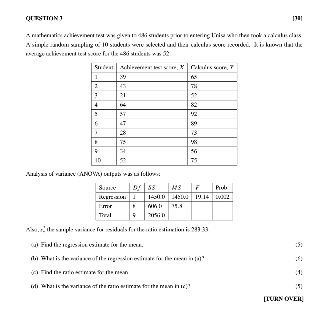 Solved QUESTION 3A mathematics achievement test was given to | Chegg.com
