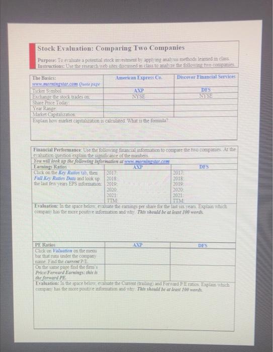 Stock Evaluation: Comparing Two Companies Purpose: To | Chegg.com