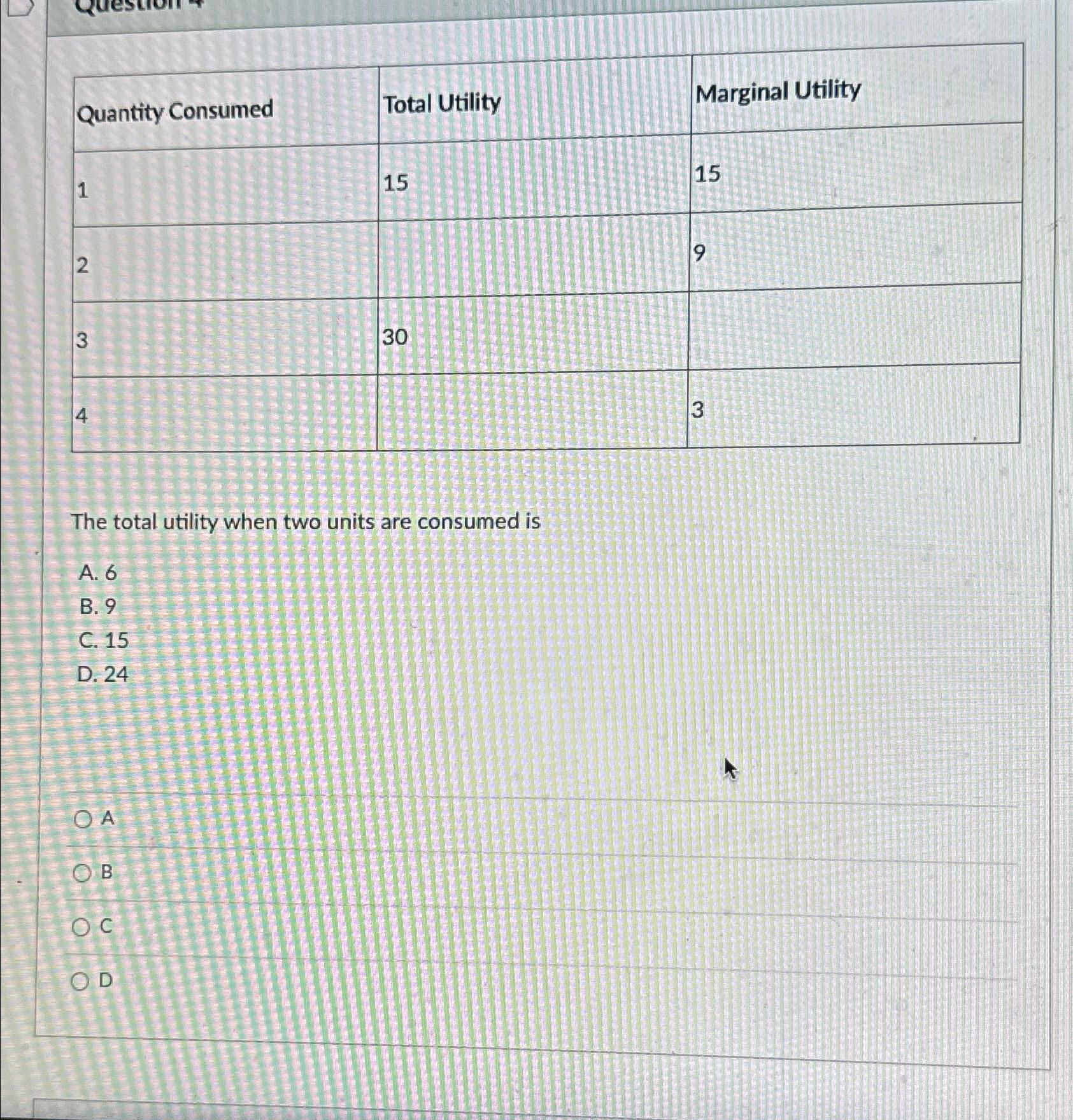 Solved \table[[Quantity Consumed,Total Utility,Marginal | Chegg.com