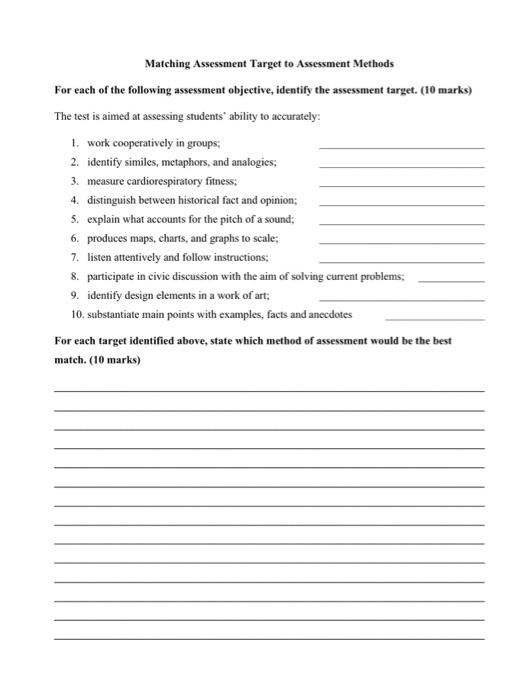 Matching Assessment Target to Assessment Methods For | Chegg.com