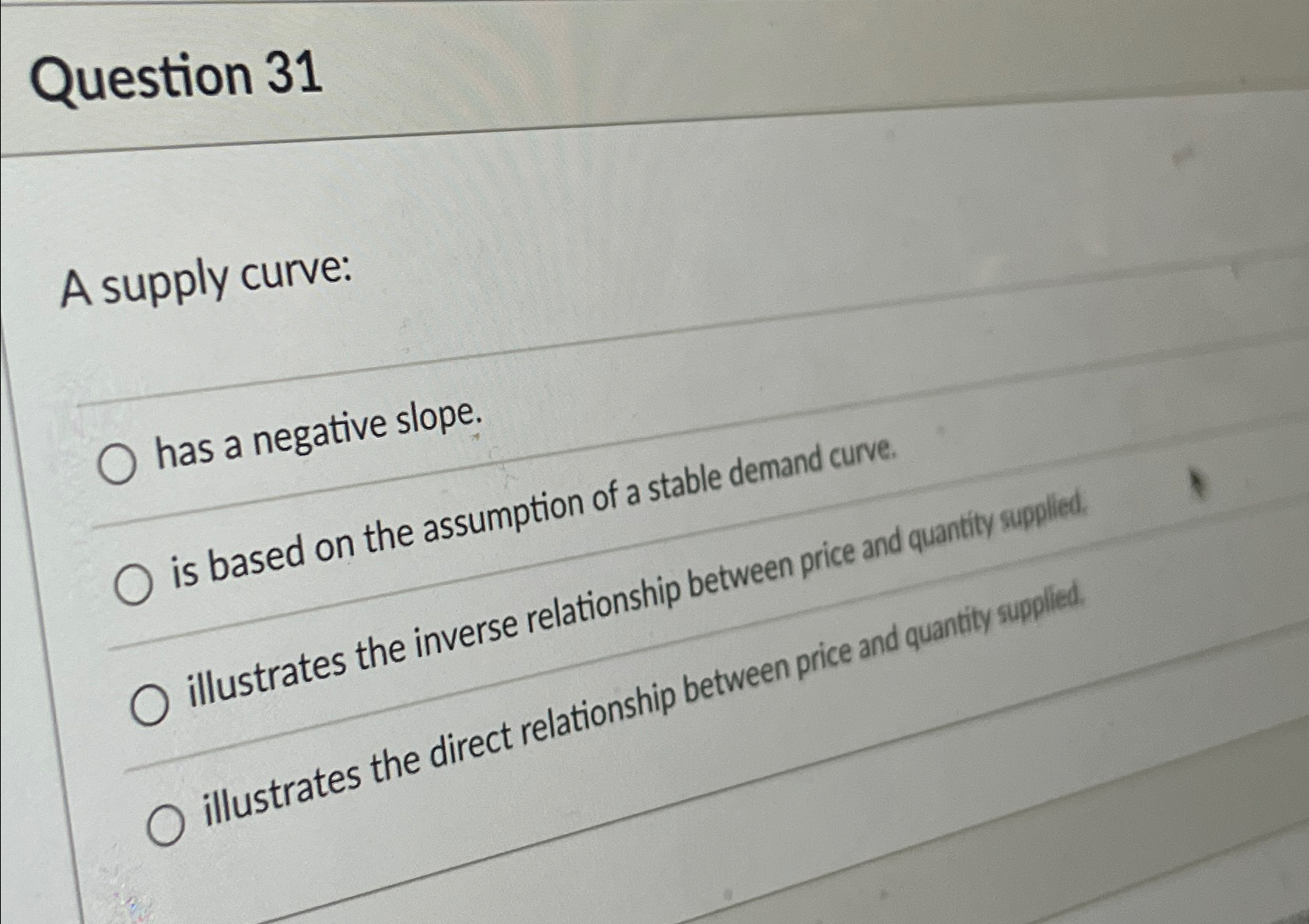 Solved Question 31A supply curve:has a negative slope.is | Chegg.com