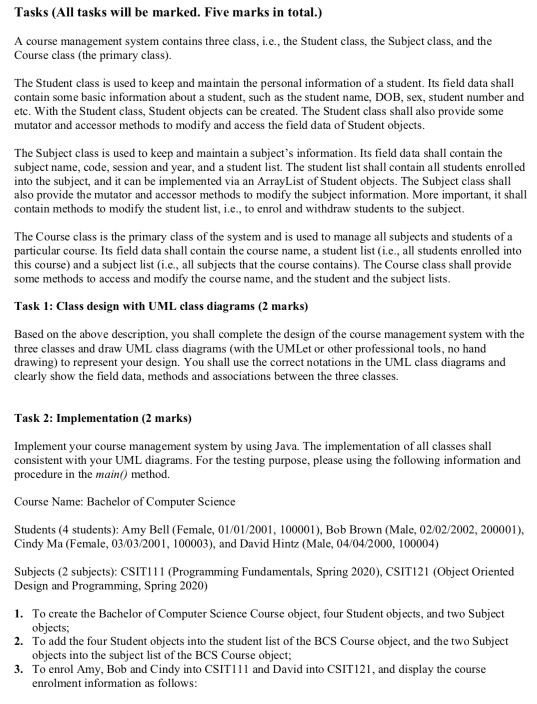 Solved Tasks (All tasks will be marked. Five marks in | Chegg.com