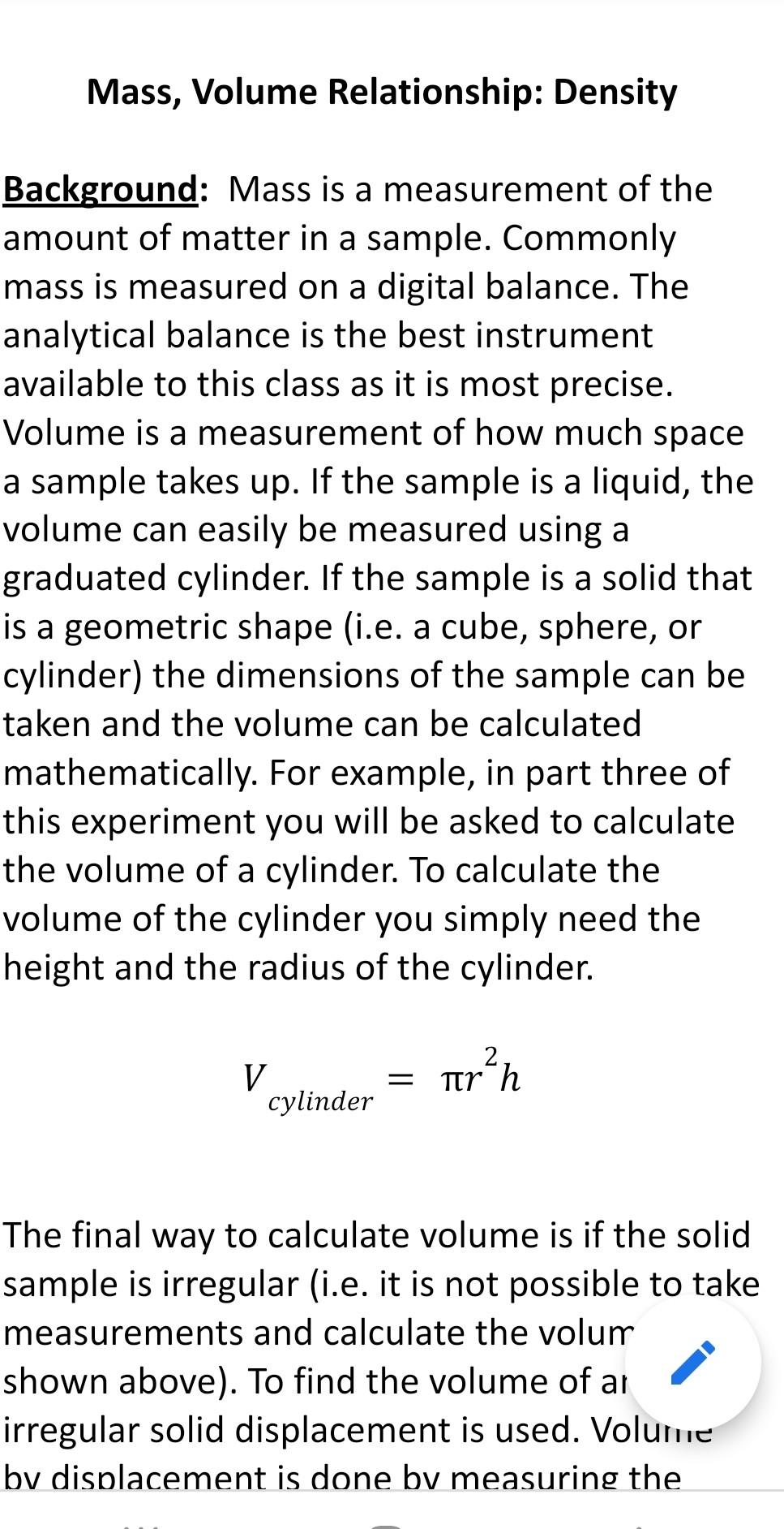Part 2 - Density using calculated volume. 1. Choose a | Chegg.com