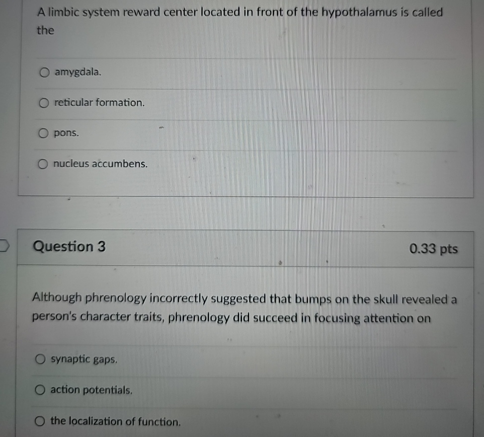 Solved A limbic system reward center located in front of the | Chegg.com
