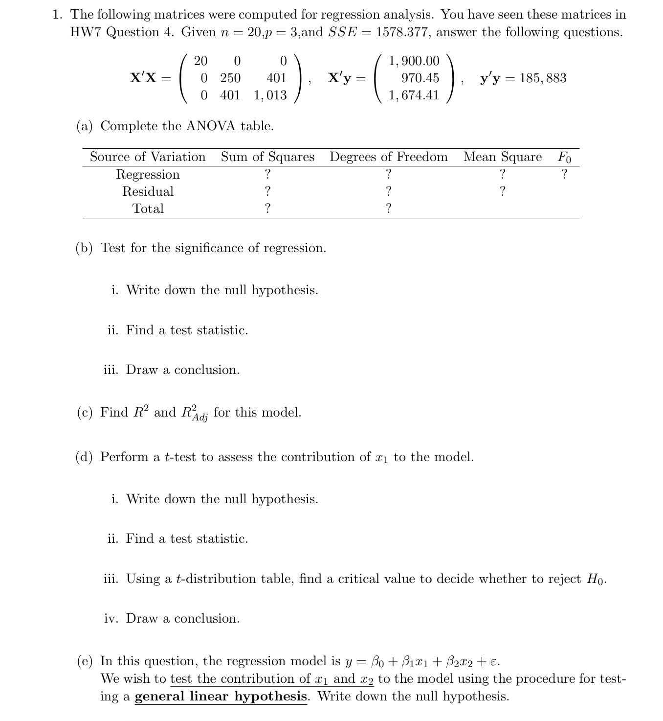 Solved The following matrices were computed for regression | Chegg.com