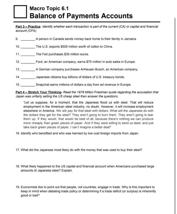 Solved Macro Topic 6.1 Balance of Payments Accounts Part 1 - | Chegg.com