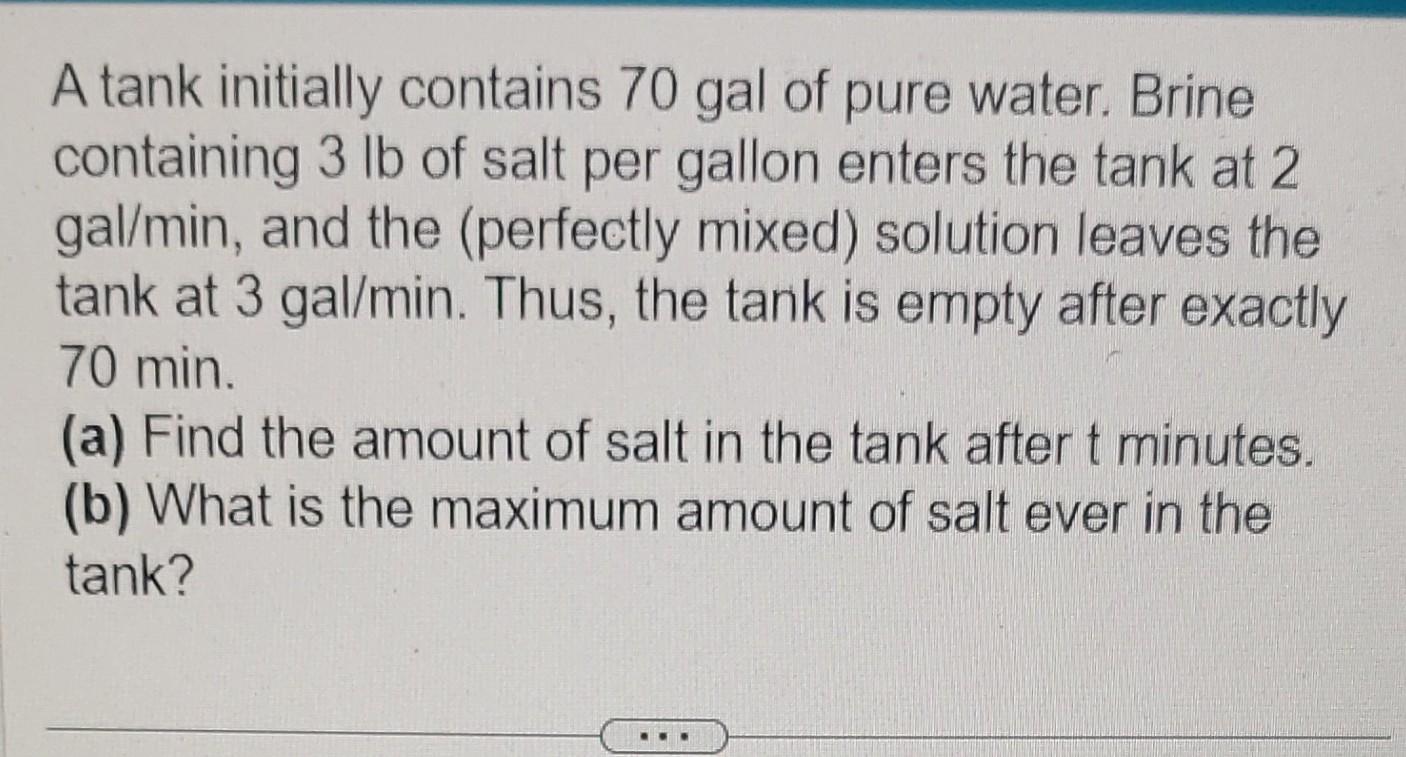 Solved A tank initially contains 70gal of pure water. Brine | Chegg.com