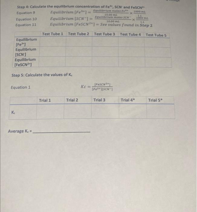 Step 1: Calculate the initial moles of Fe2+ and SCN | Chegg.com
