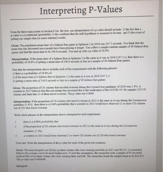 Solved Interpreting P-Values From the three main points in | Chegg.com