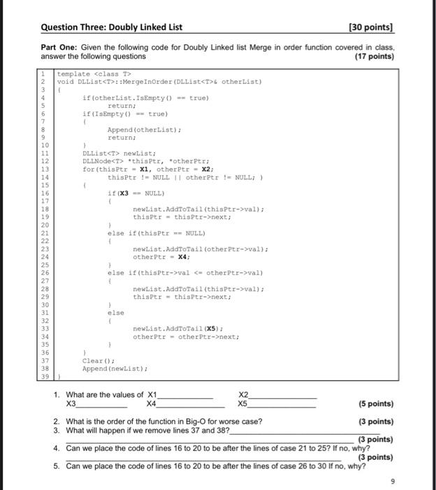 Solved Question Three: Doubly Linked List [30 points] Part | Chegg.com