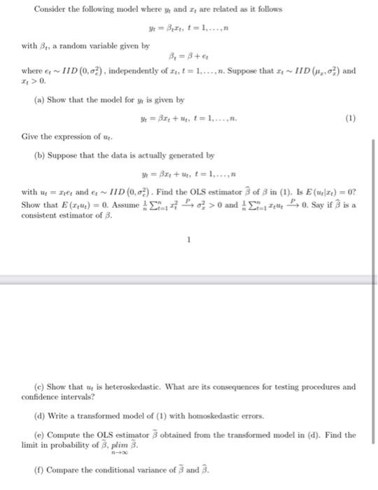 Solved Consider the following model where yt and xt are | Chegg.com