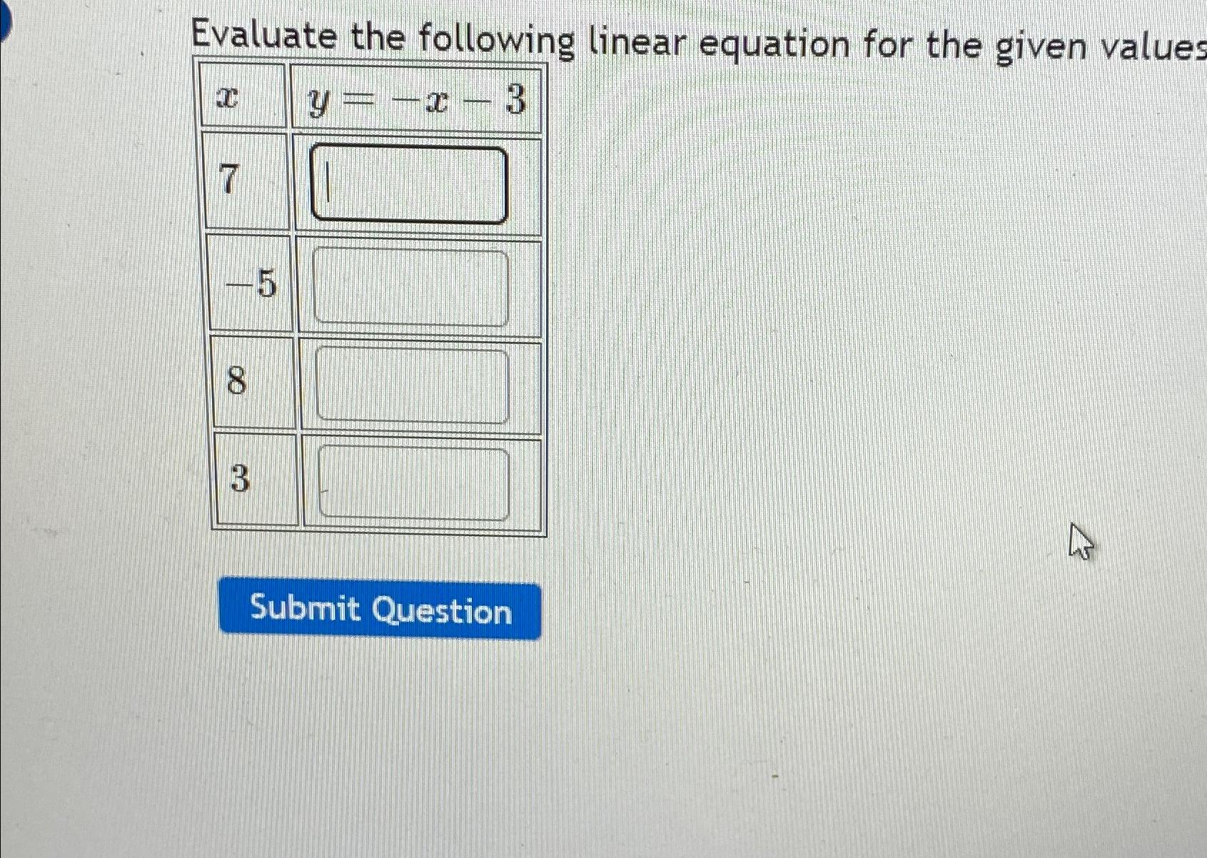 Solved Evaluate the following linear equation for the given | Chegg.com