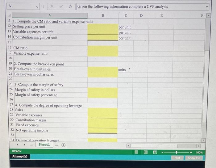 Solved Cvp Analysis Using Excels Basic Math Functions Jpl 