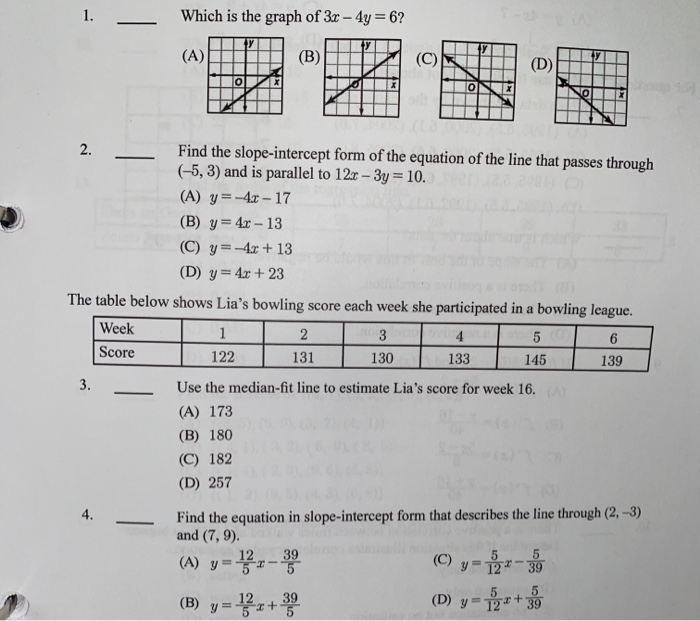 Solved 1. Which is the graph of 3x - 4y = 6? HY ty (A) (B) | Chegg.com