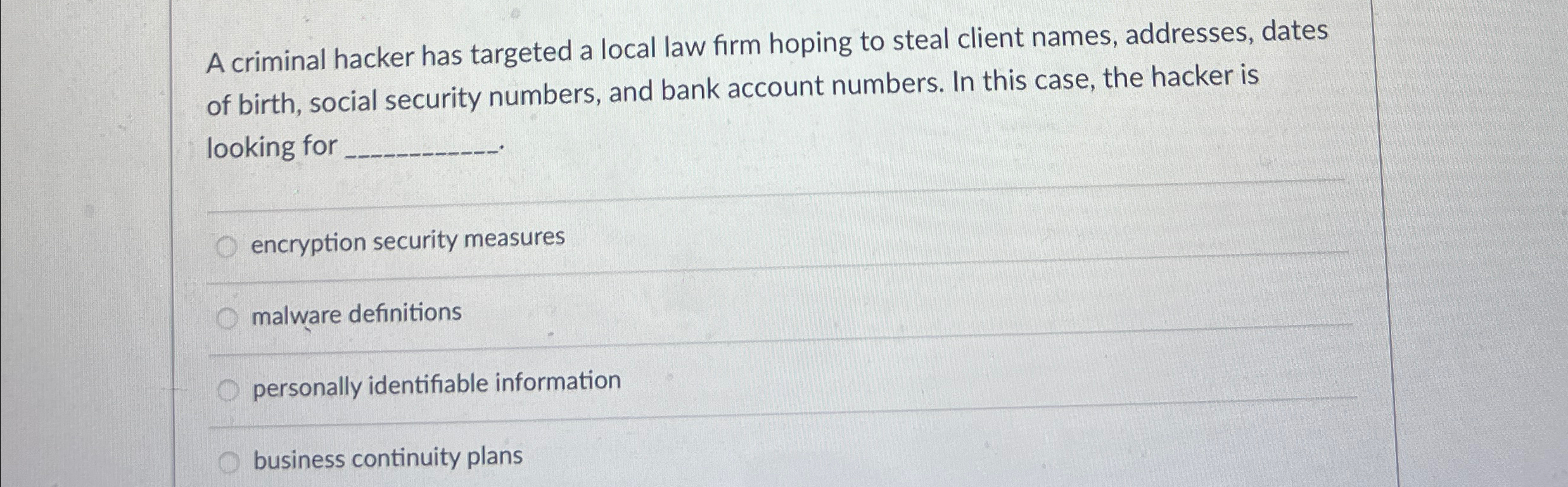 Solved A criminal hacker has targeted a local law firm | Chegg.com