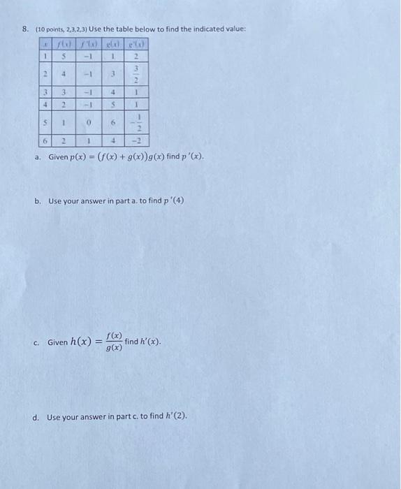 Solved 8. (10 points, 2,3,2,3) Use the table below to find | Chegg.com