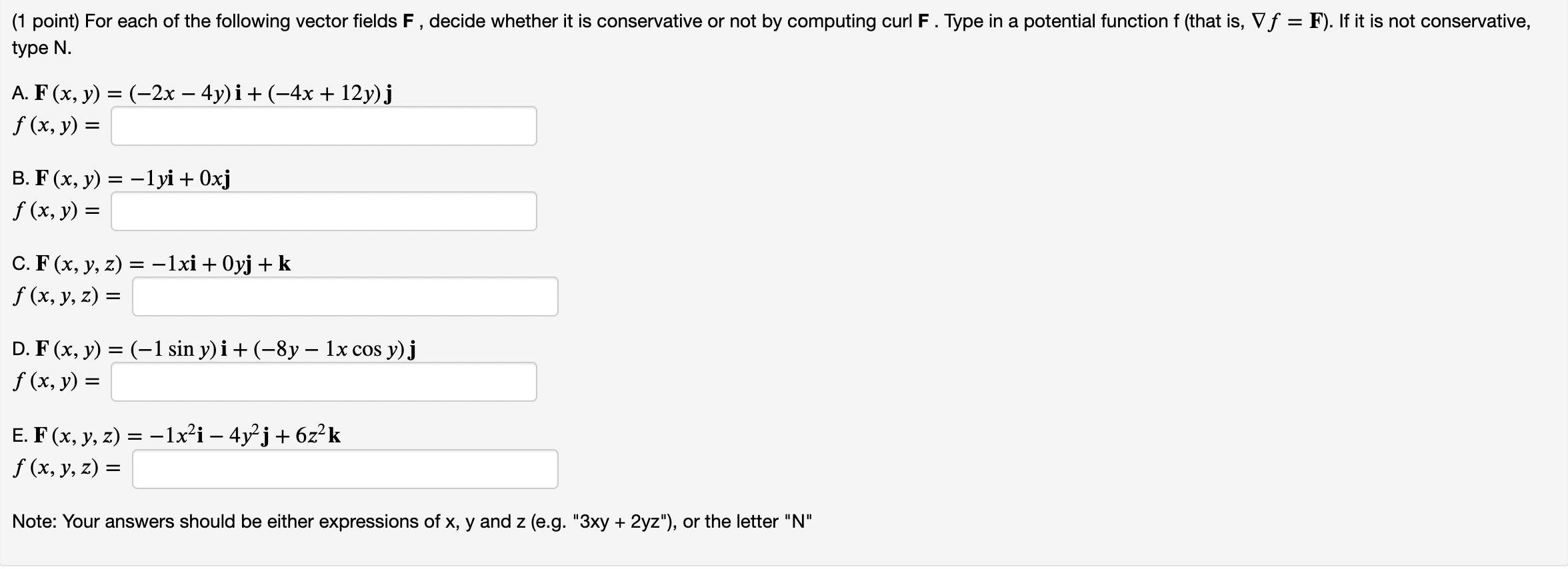 Solved (1 ﻿point) ﻿For each of the following vector fields | Chegg.com