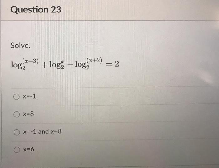 Solved Question 23 Solve. log2 (x-3) (x+2) + log2 – log2 = 2 | Chegg.com