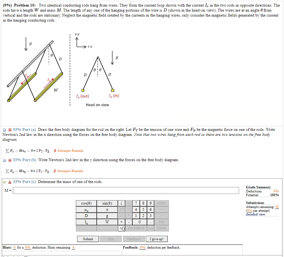 Solved (9%) ﻿Problem 10: Two identical conducting rods hang | Chegg.com