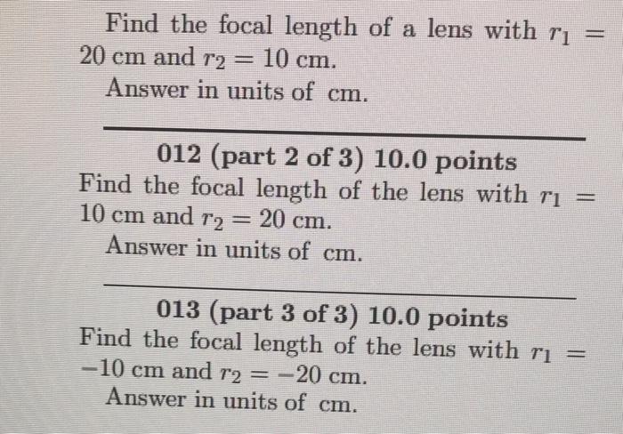 Solved 011 (part 1 of 3)10.0 points The following thin | Chegg.com