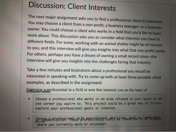 Solved Discussion: Client Interests The next major | Chegg.com