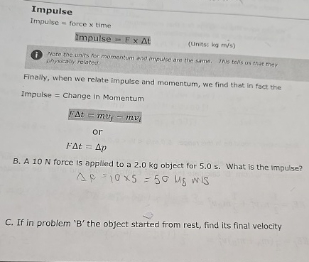 Solved ImpulseImpulse = ﻿force × ﻿timeImpulse =F×Δt(Units: | Chegg.com