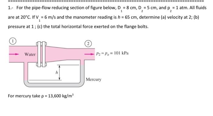 Solved 1 2 1. For the pipe-flow reducing section of figure | Chegg.com