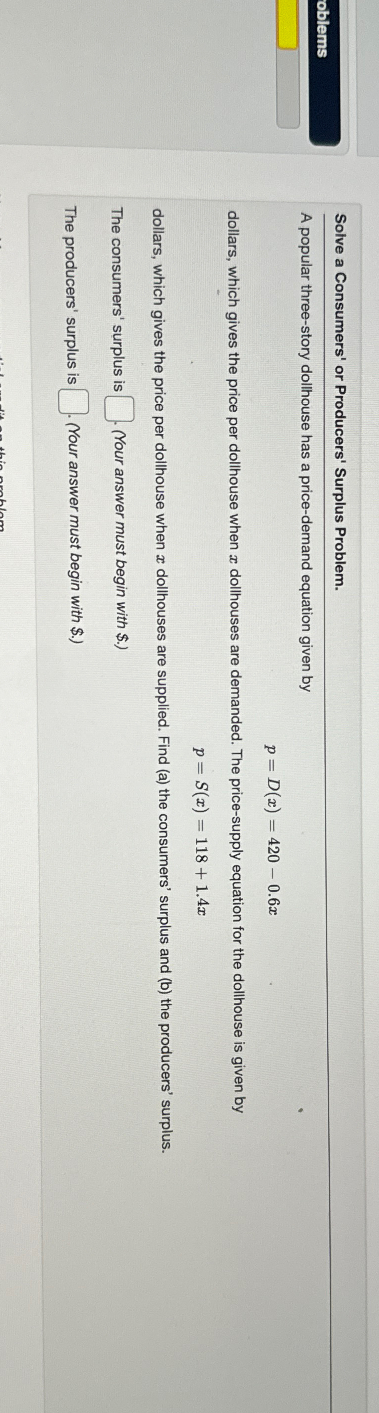 Solved Solve a Consumers' or Producers' Surplus Problem.A | Chegg.com