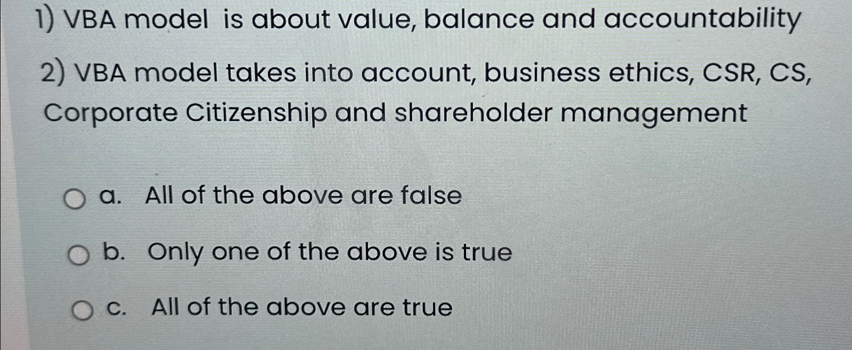 Solved VBA model is about value, balance and | Chegg.com