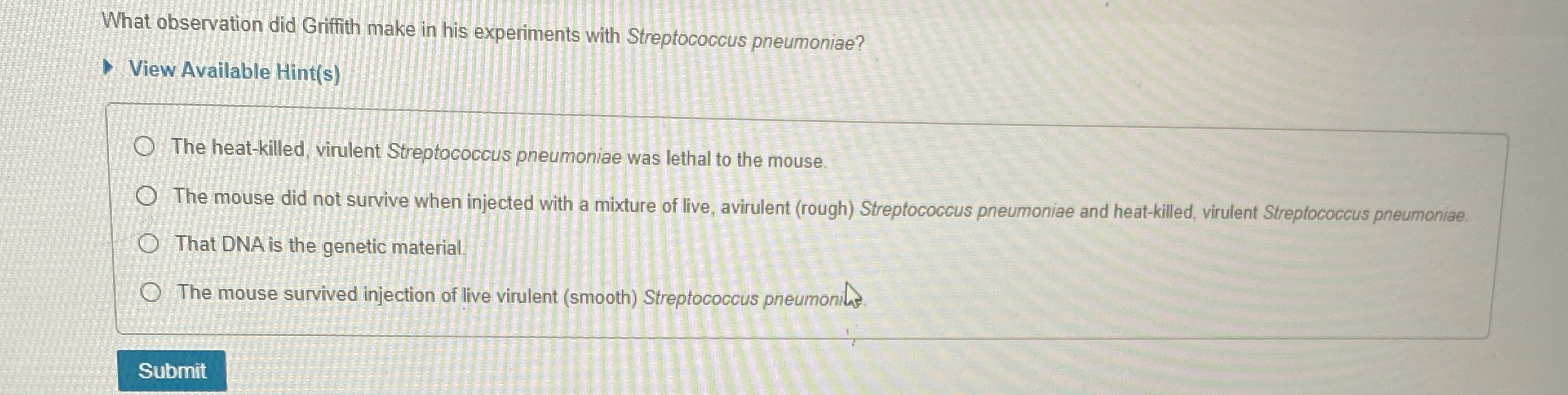 Solved What observation did Griffith make in his experiments | Chegg.com