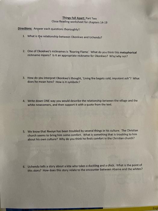 Things Fall Apart: Part Two Close Reading worksheet | Chegg.com