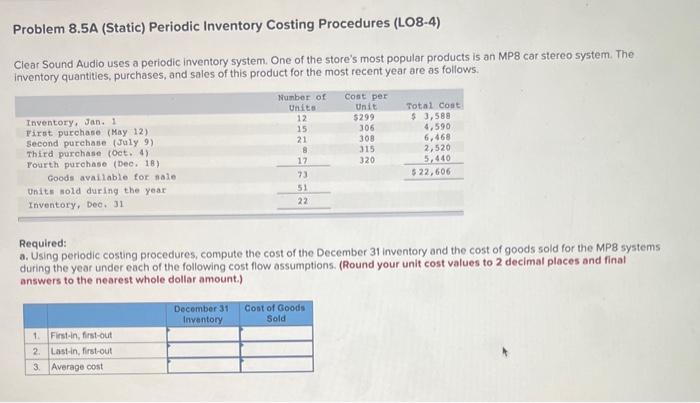 Solved Problem 8.5A (Static) Periodic Inventory Costing | Chegg.com