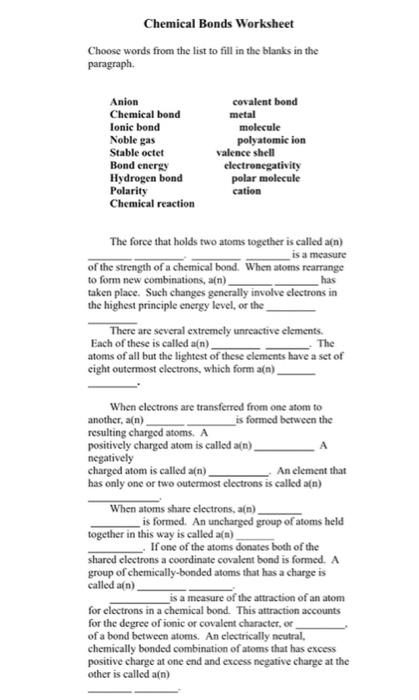 Solved Chemical Bonds Worksheet Choose words from the list | Chegg.com