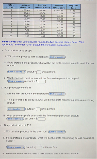 Solved \table[[Total Product,Average Fixed Cost,Average | Chegg.com