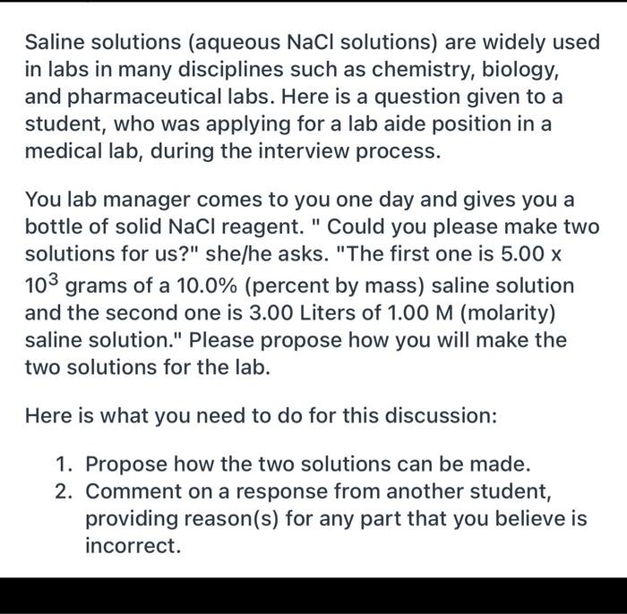 Solved Saline solutions (aqueous NaCl solutions) are widely | Chegg.com