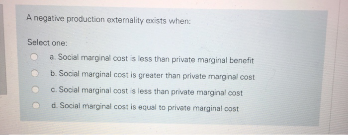 Solved A negative production externality exists when: Select | Chegg.com