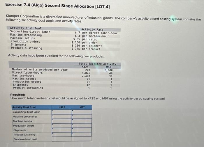 Exercise 7-4 (Algo) Second-Stage Allocation [LO7-4] | Chegg.com