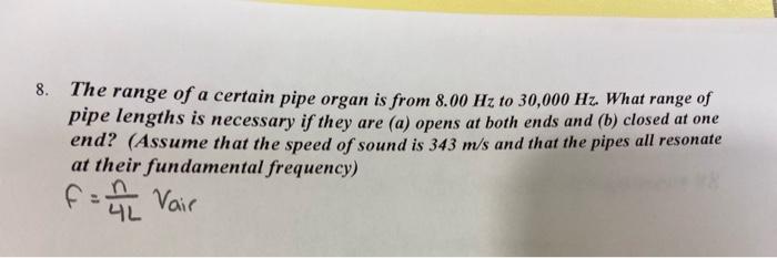 Solved The range of a certain pipe organ is from 8.00 Hz to | Chegg.com