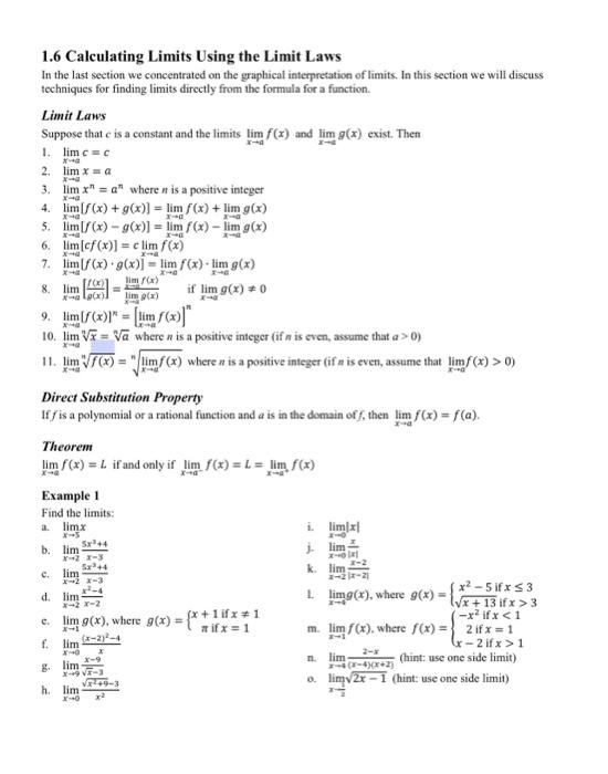 Solved 1.6 Calculating Limits Using the Limit Laws In the | Chegg.com