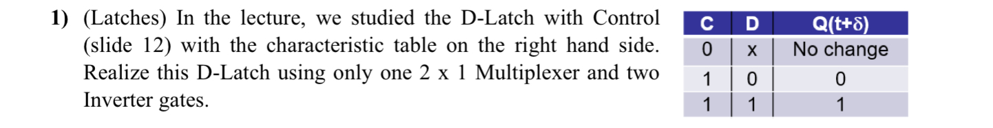 Solved (Latches) ﻿In the lecture, we studied the D-Latch | Chegg.com