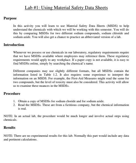 Solved Lab \#1: Using Material Safety Data Sheets Purpose In | Chegg.com