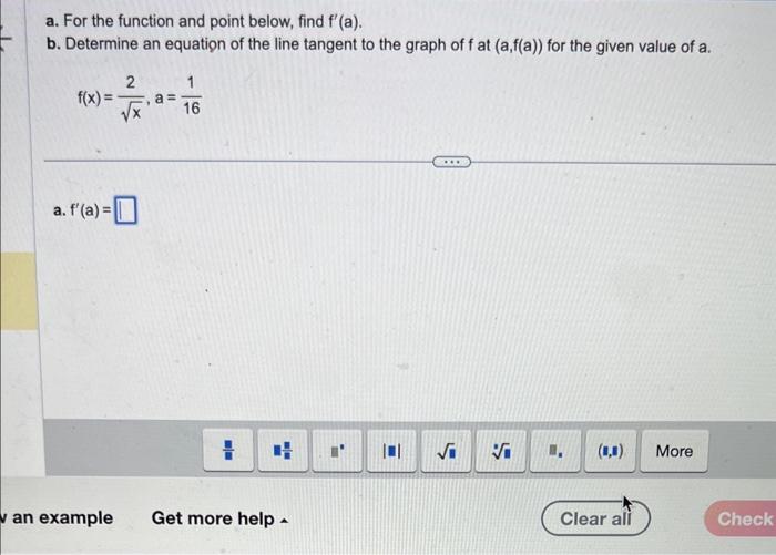 Solved a. For the function and point below, find f′(a). b. | Chegg.com