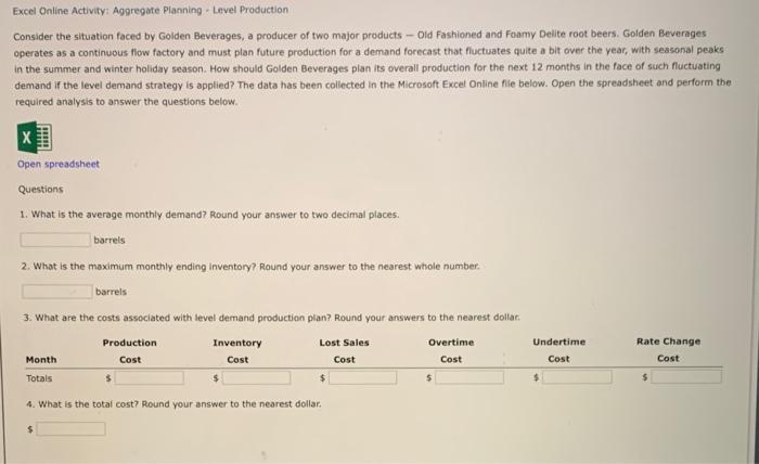 Solved Excel Online Activity: Aggregate Planning * Level | Chegg.com