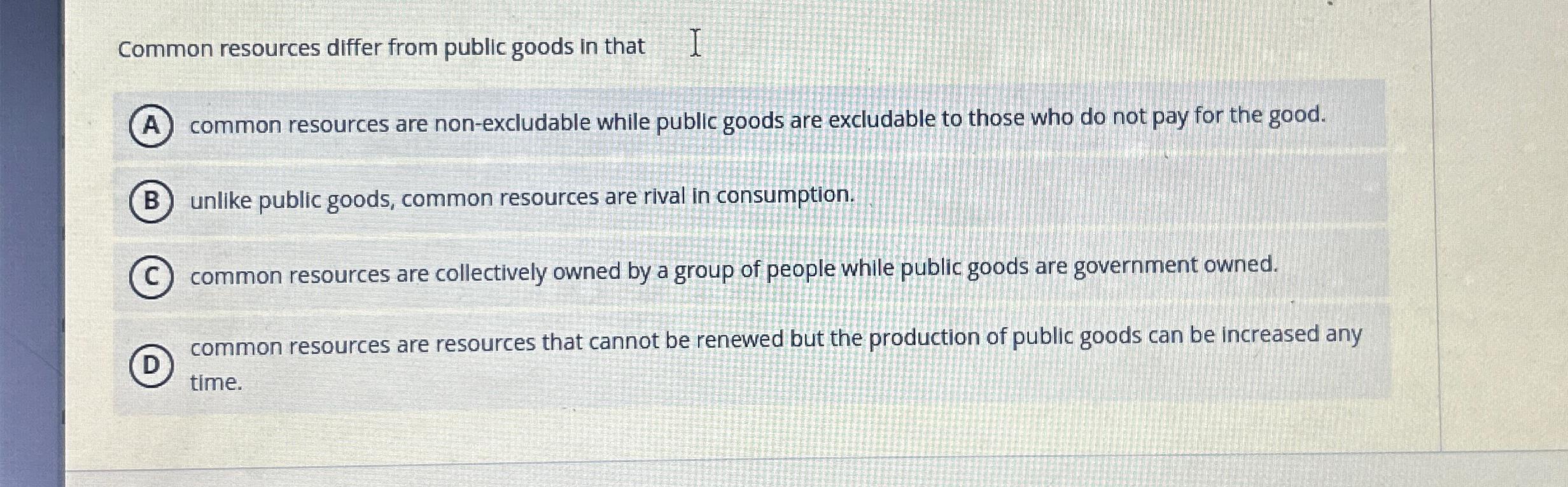 Solved Common resources differ from public goods in thatA | Chegg.com