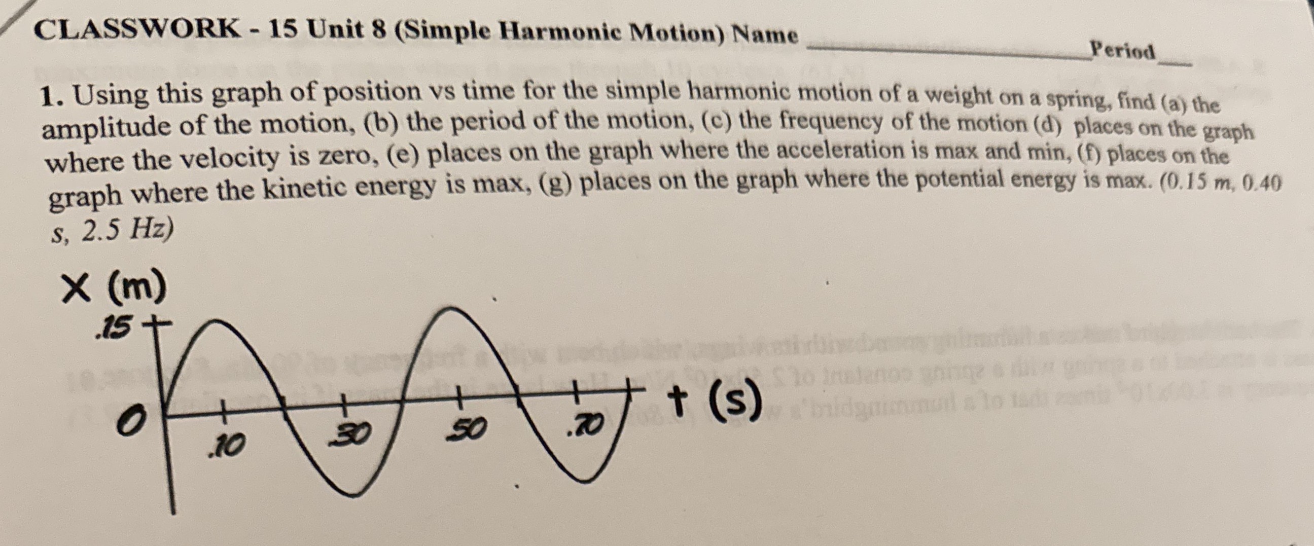 Solved CLASSWORK - 15 ﻿Unit 8 (Simple Harmonic Motion) ﻿Namr | Chegg.com